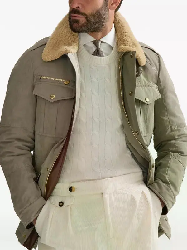 Brunello Cucinelli Waxed Techno-cotton Safari Jacket With Shearling Collar - Grey