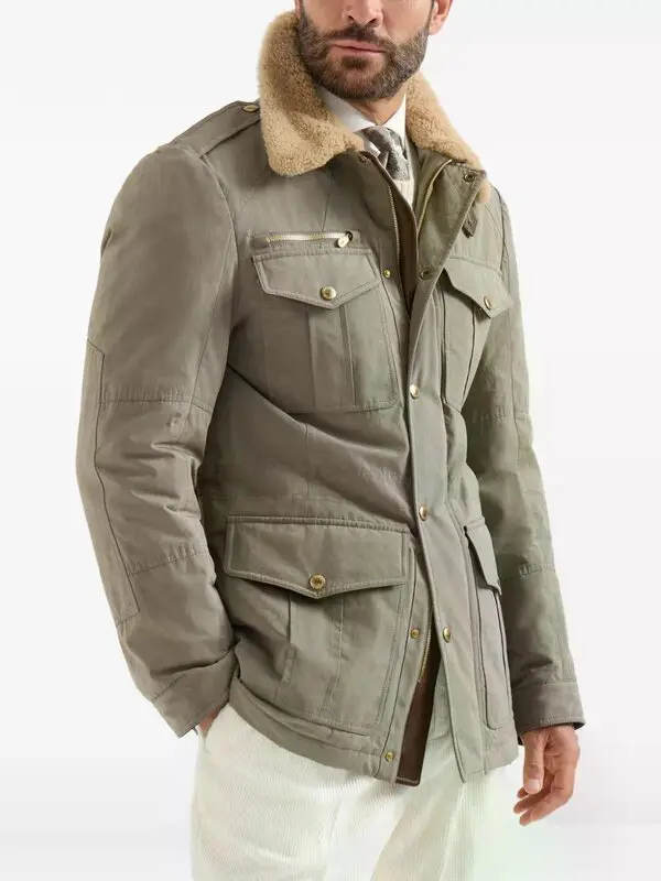 Brunello Cucinelli Waxed Techno-cotton Safari Jacket With Shearling Collar - Grey