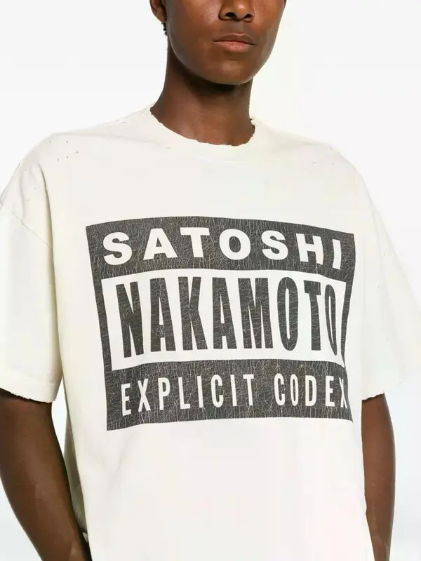 SATOSHI NAKAMOTO Logo-print Distressed T-shirt