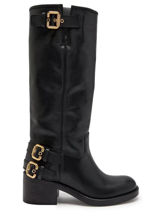 Chloé Grained Leather Knee-high Boots With Buckled Straps - Black