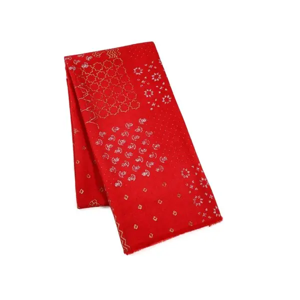 HERITAGEMODA Handwoven Wool Scarf With Gold & Silver Block Print - Red