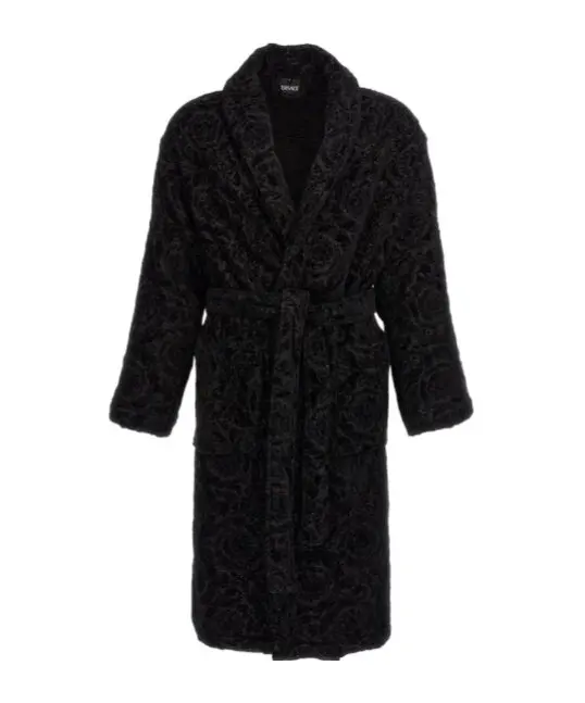 Versace All-over Baroque Shawl Lapels Bathrobe - Black