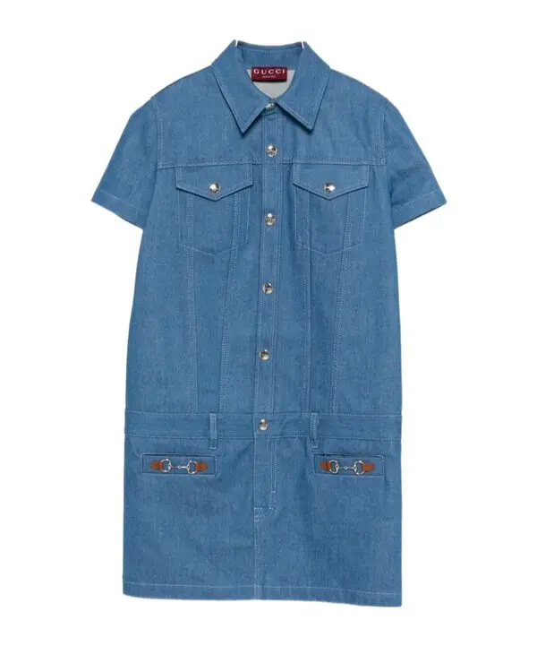 Gucci Denim Mini Dress With Horsebit Detail - Blue
