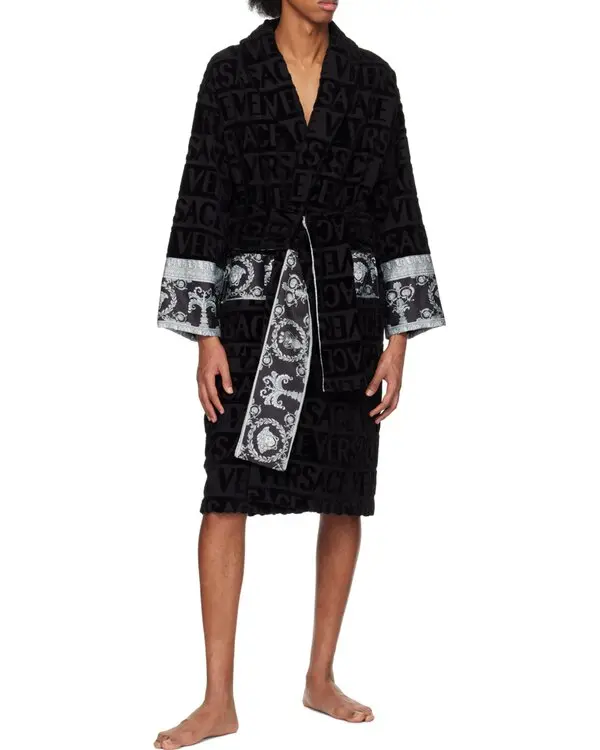 Versace Barocco Detail Shawl Collar Robe - Black