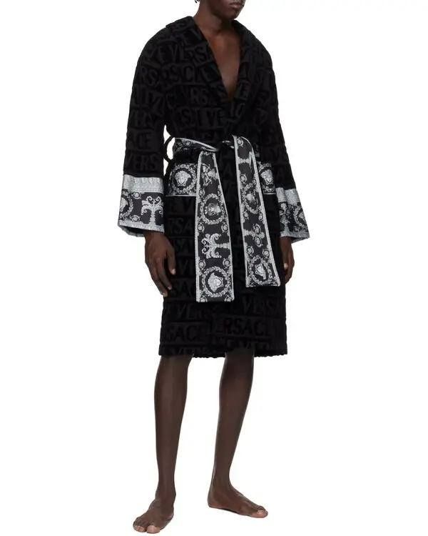 Versace Barocco Detail Shawl Collar Robe - Black