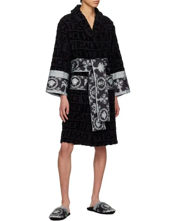 Versace Barocco Detail Shawl Collar Robe - Black