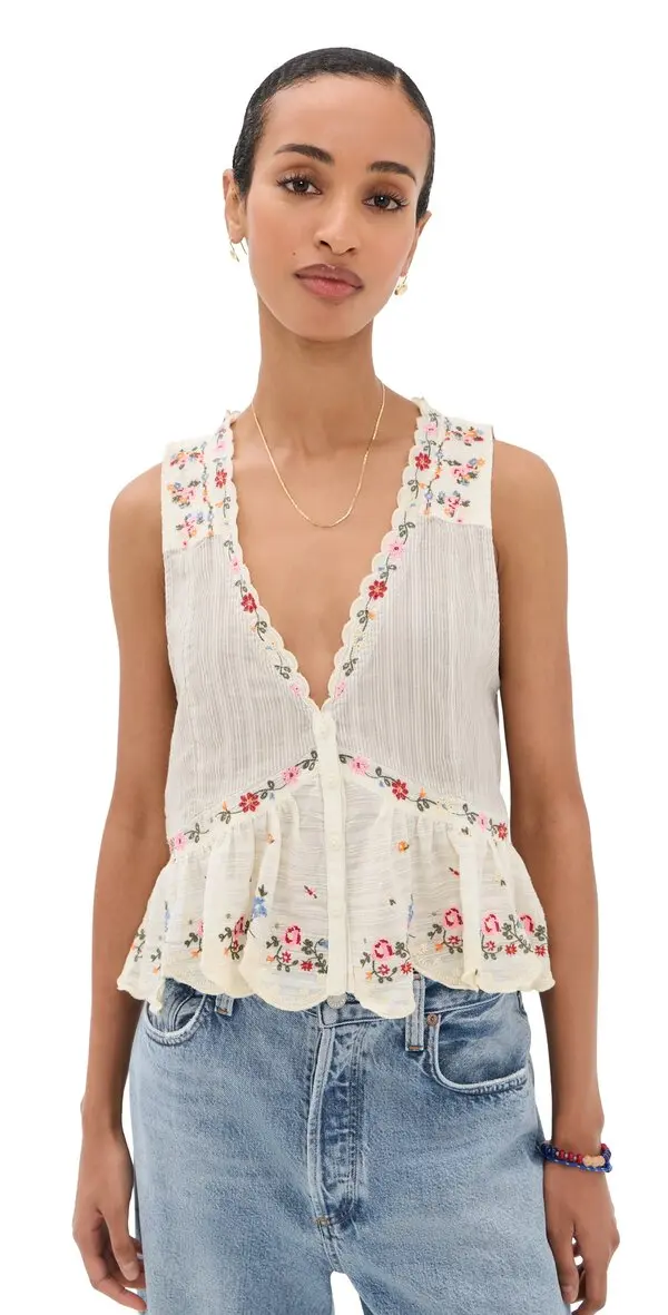 Free People Ellis Blouse Embroidered Striped V-neck Sleeveless Top