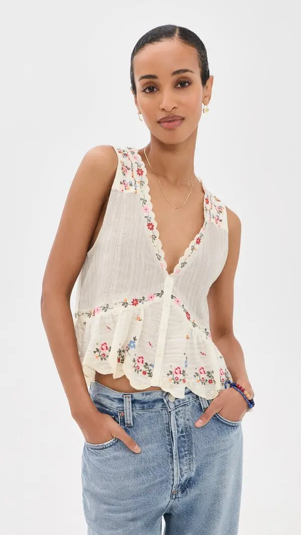 Free People Ellis Blouse Embroidered Striped V-neck Sleeveless Top