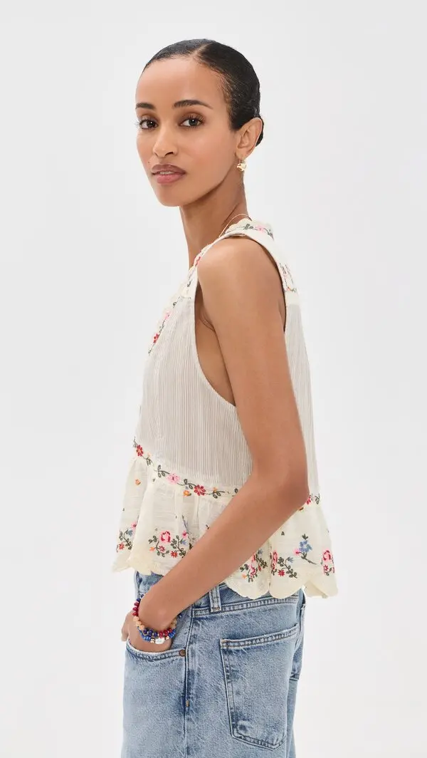 Free People Ellis Blouse Embroidered Striped V-neck Sleeveless Top