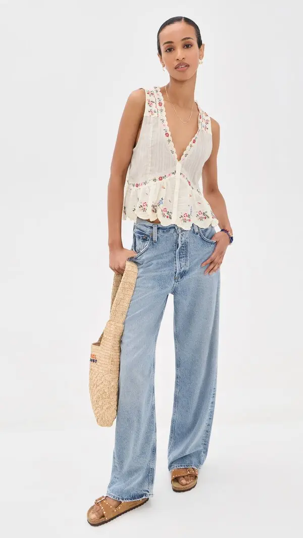 Free People Ellis Blouse Embroidered Striped V-neck Sleeveless Top