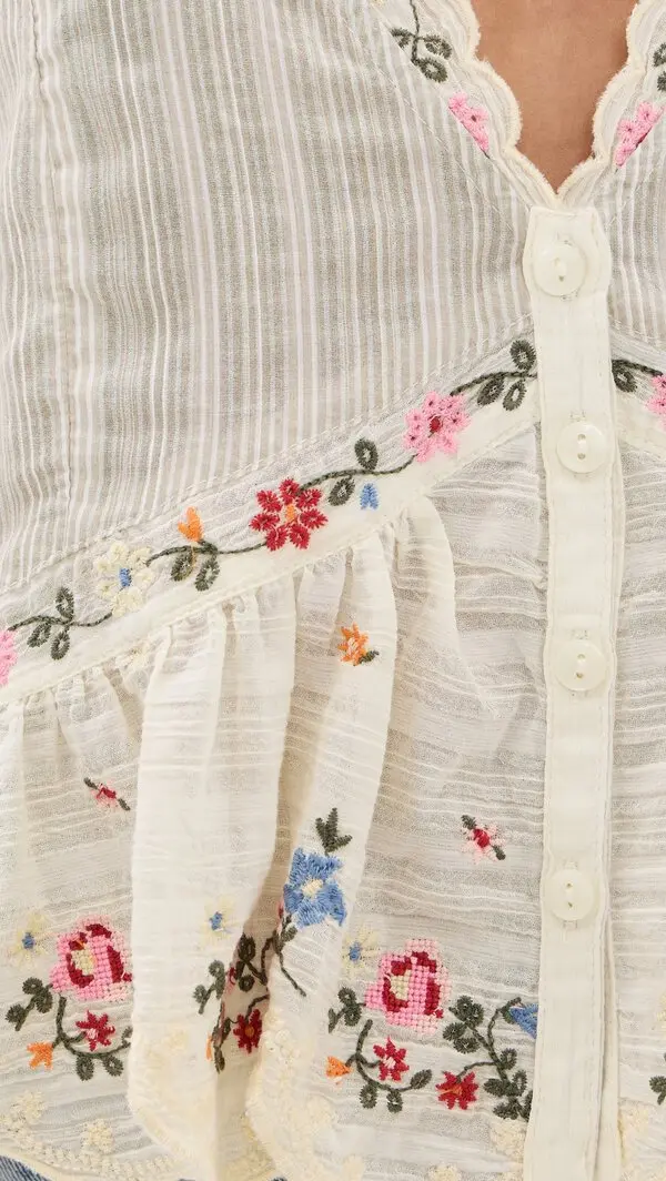 Free People Ellis Blouse Embroidered Striped V-neck Sleeveless Top
