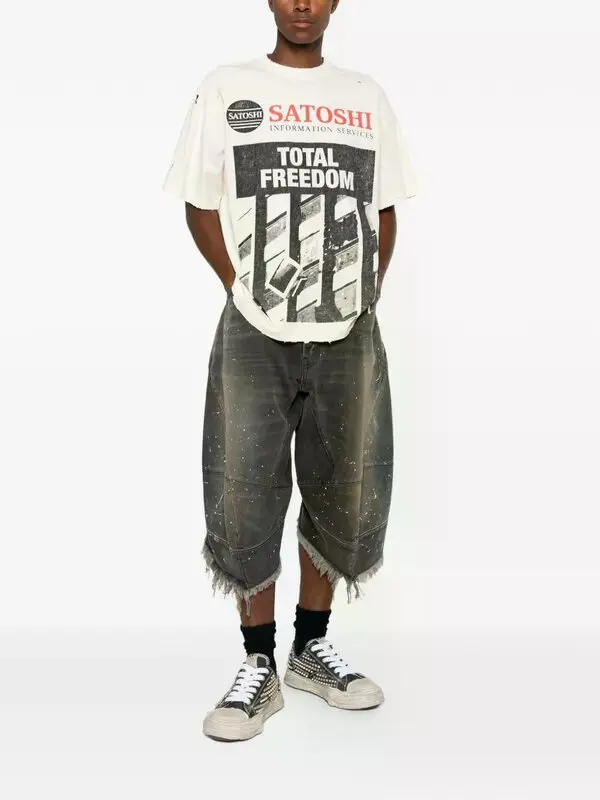 SATOSHI NAKAMOTO Paint-splatter Frayed-hem Shorts
