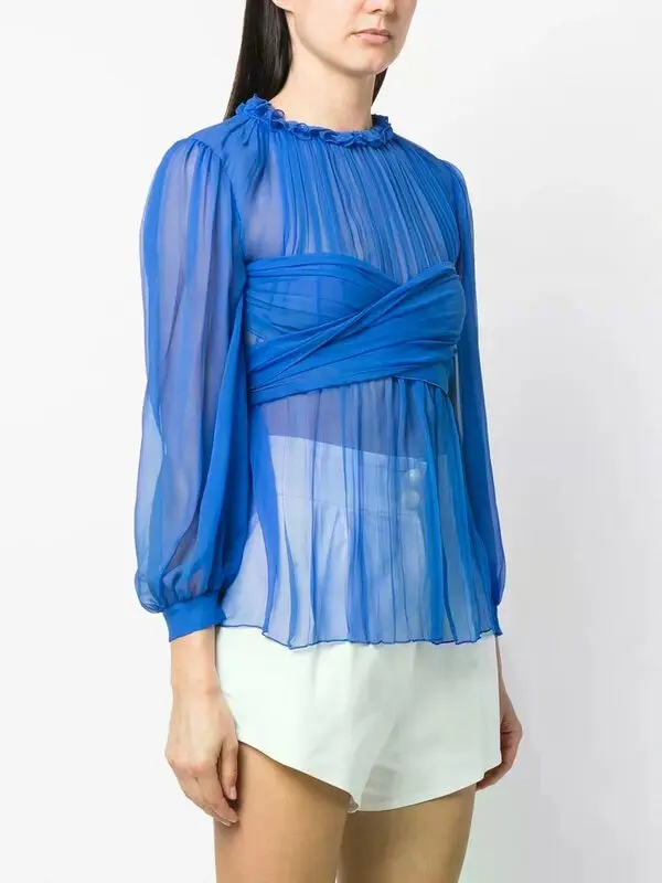 Alberta Ferretti Ruched Sheer Ruffle-neck Blouse