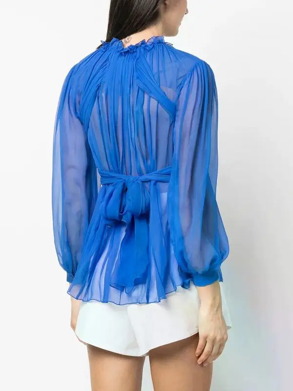 Alberta Ferretti Ruched Sheer Ruffle-neck Blouse