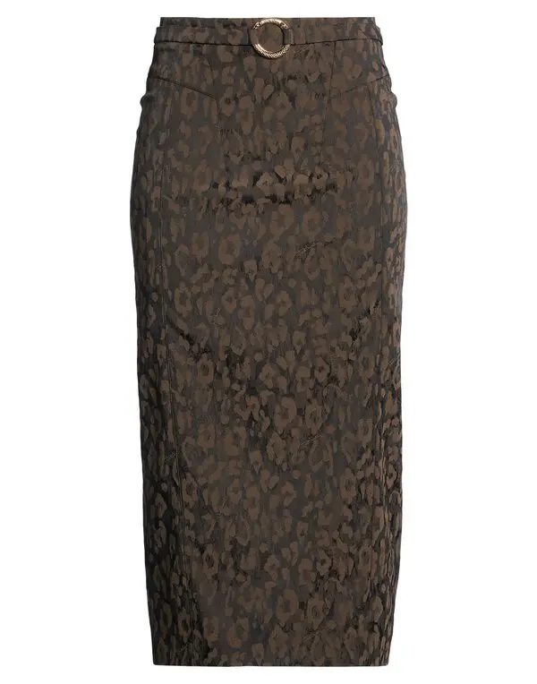 Just Cavalli Chocolate Polyester Blend Midi Skirt With Leopard Print