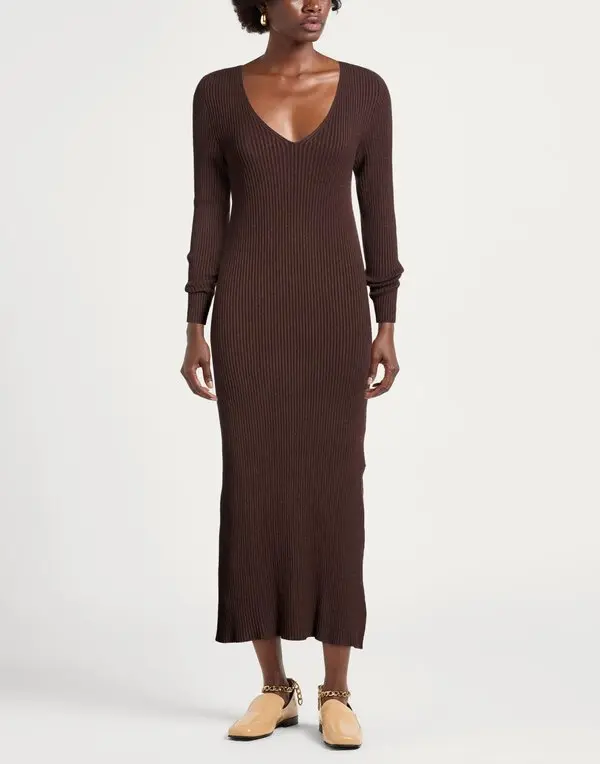 VICOLO Ribbed-knit Midi Dress With V-neck And Long Sleeves