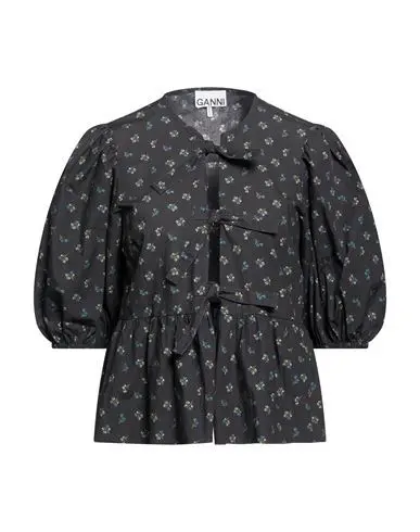 GANNI Floral Print Organic Cotton Peplum Shirt - Black