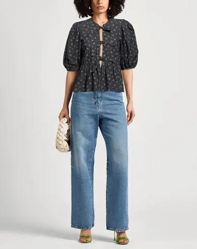 GANNI Floral Print Organic Cotton Peplum Shirt - Black