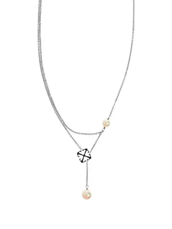 Off-White Double-layered Faux Pearl Necklace With Arrow Pendant