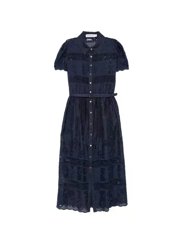 SELF-PORTRAIT Embroidered Belted Midi Dress - Blue