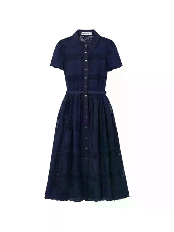 SELF-PORTRAIT Embroidered Belted Midi Dress - Blue