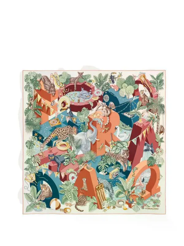 FERRAGAMO Jungle Party-print Silk Scarf - Neutrals