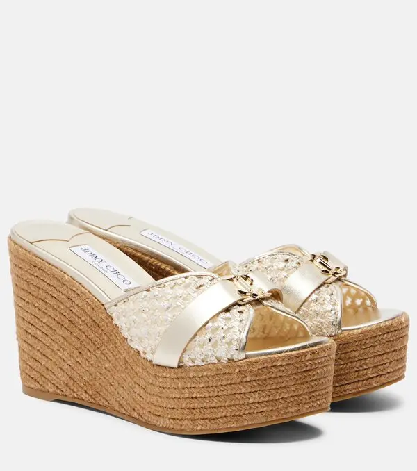 JIMMY CHOO Leda Raffia-trimmed Leather Wedge Espadrilles - Gold