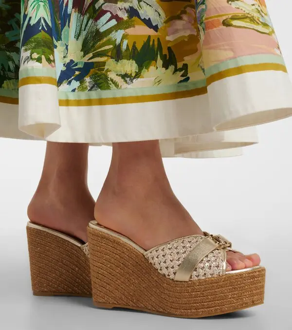 JIMMY CHOO Leda Raffia-trimmed Leather Wedge Espadrilles