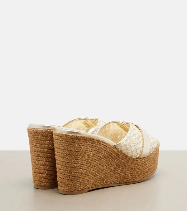JIMMY CHOO Leda Raffia-trimmed Leather Wedge Espadrilles