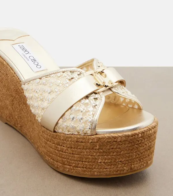 JIMMY CHOO Leda Raffia-trimmed Leather Wedge Espadrilles