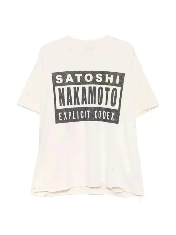 SATOSHI NAKAMOTO Logo-print Distressed T-shirt - Neutrals