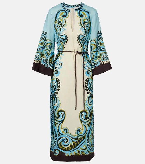 ALEMAIS Natalia Printed Linen Midi Dress - Blue