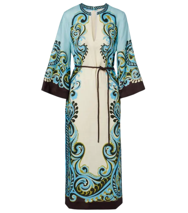 ALEMAIS Natalia Printed Linen Midi Dress - Blue