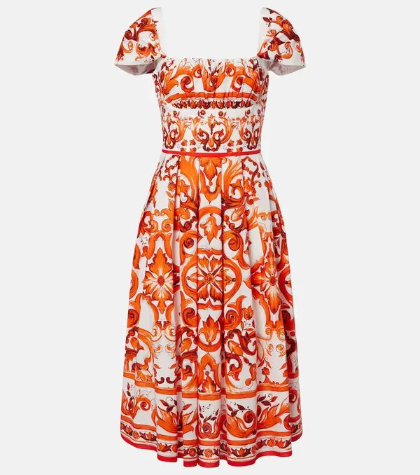 Dolce & Gabbana Majolica Printed Cotton Poplin Midi Dress - Orange
