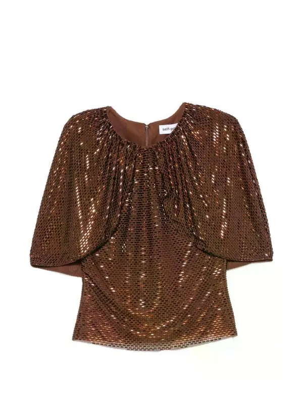 SELF-PORTRAIT Sequin Embellished Gathered Top - Brown