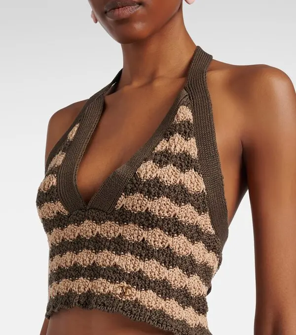 Valentino Garavani Striped Knitted Cotton Halter Top - Beige