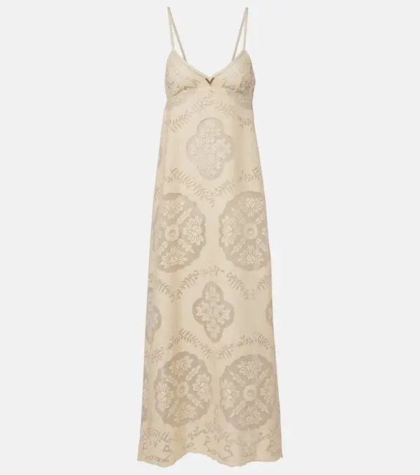 Valentino Garavani Vgold Floral Cotton-blend Maxi Dress - Beige