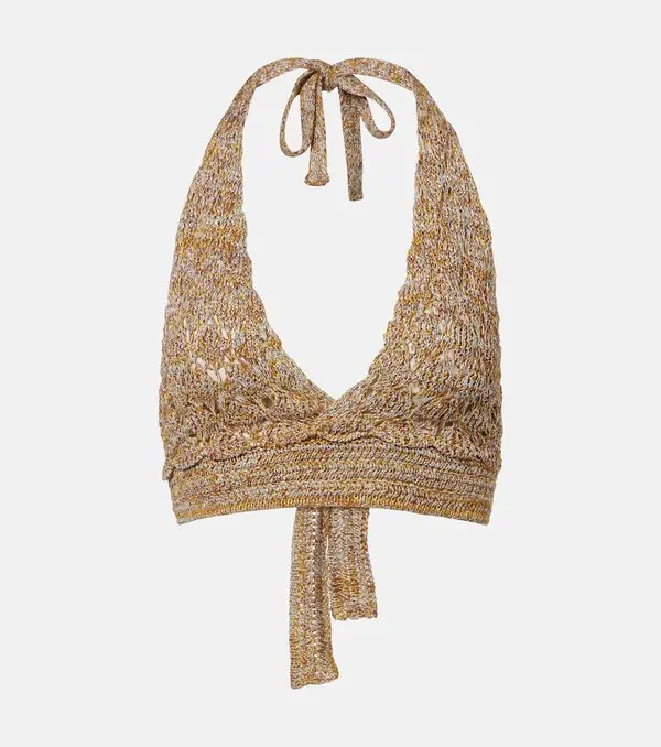 Valentino Garavani Open-knit Linen-blend Lamé Crop Top - Beige