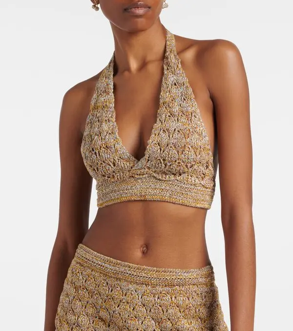 Valentino Garavani Open-knit Linen-blend Lamé Crop Top