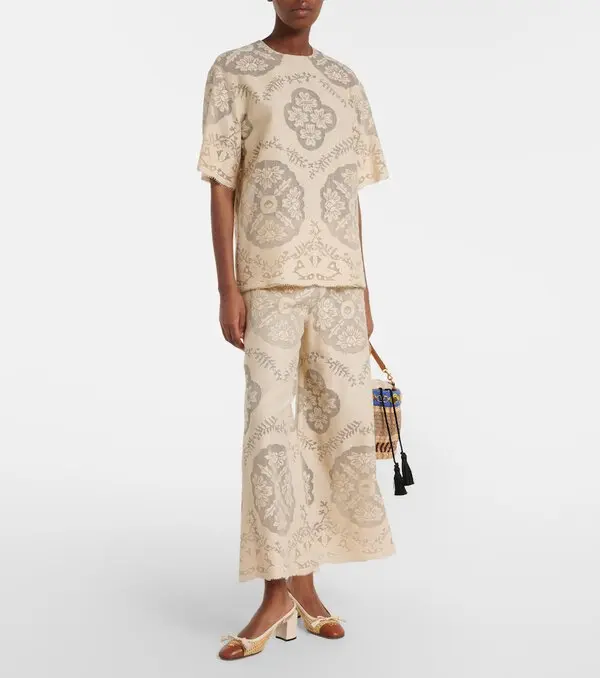 Valentino Garavani Embroidered Cotton-blend Wide-leg Pants