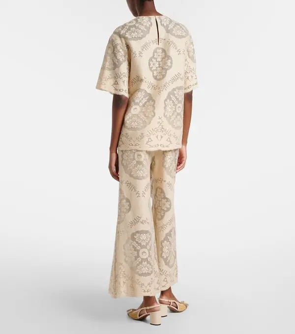 Valentino Garavani Embroidered Cotton-blend Wide-leg Pants - Beige