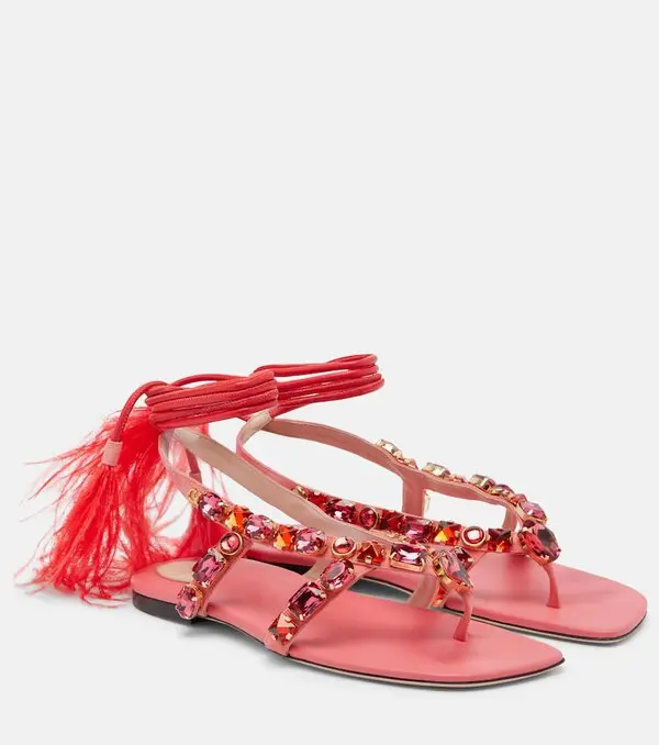 Valentino Garavani Embellished Suede Thong Sandals With Lace-up Closure - Pink