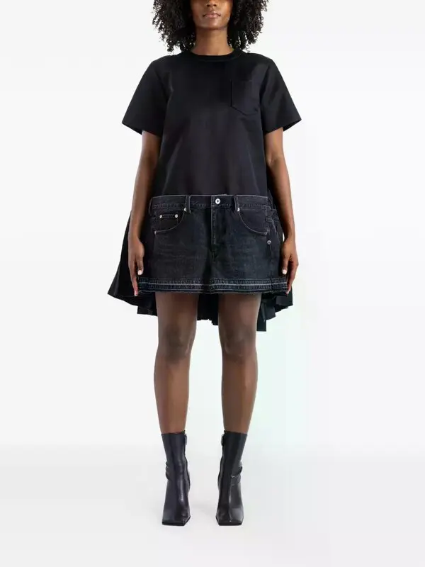 Sacai Hybrid Denim Pleated Asymmetric Dress