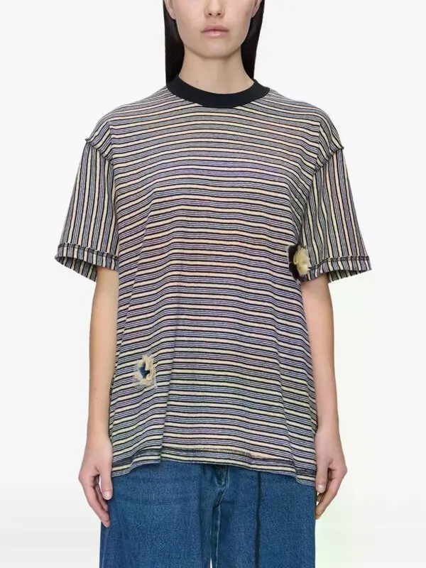SONG FOR THE MUTE Distressed Striped T-shirt - Neutrals