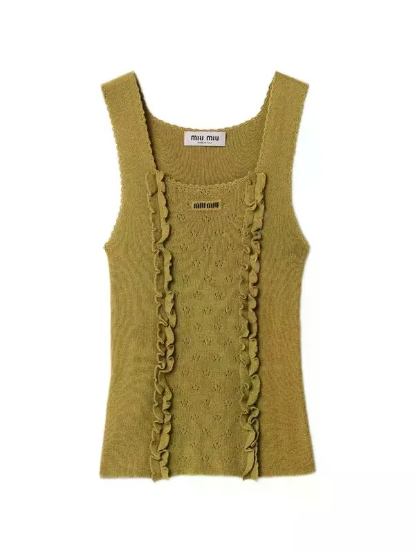 Miu Miu Ribbed Cashmere And Silk Knit Top With Crochet Details - Green
