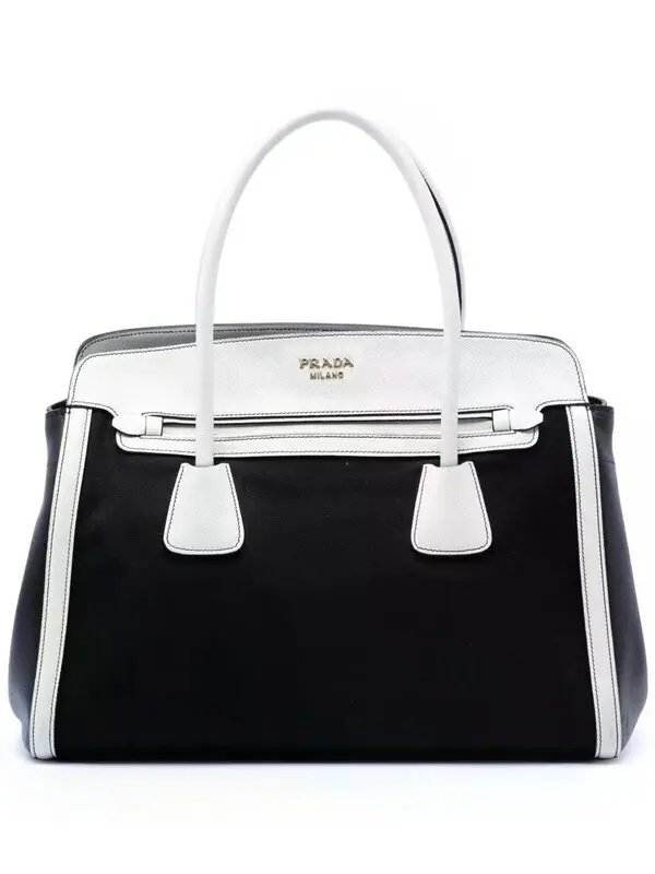 Prada Bicolor Saffiano Leather Trimmed Canvas Satchel - Black