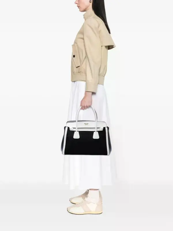 Prada Bicolor Saffiano Leather Trimmed Canvas Satchel