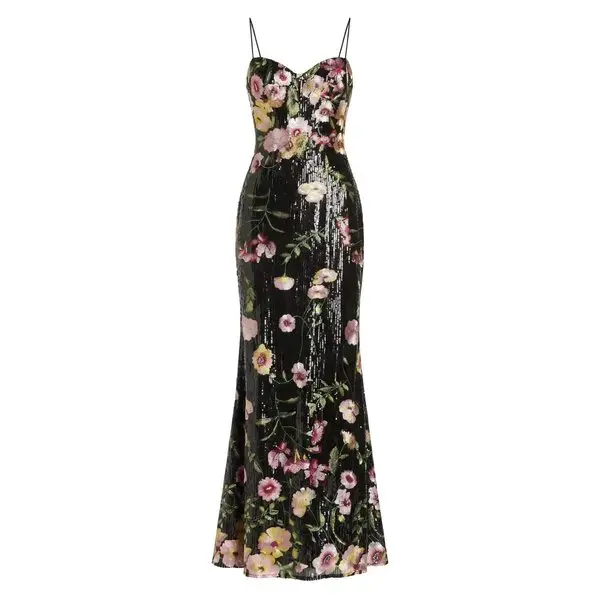 Mac Duggal Sleeveless Sequin Bustier Gown With Floral Appliqu - Black