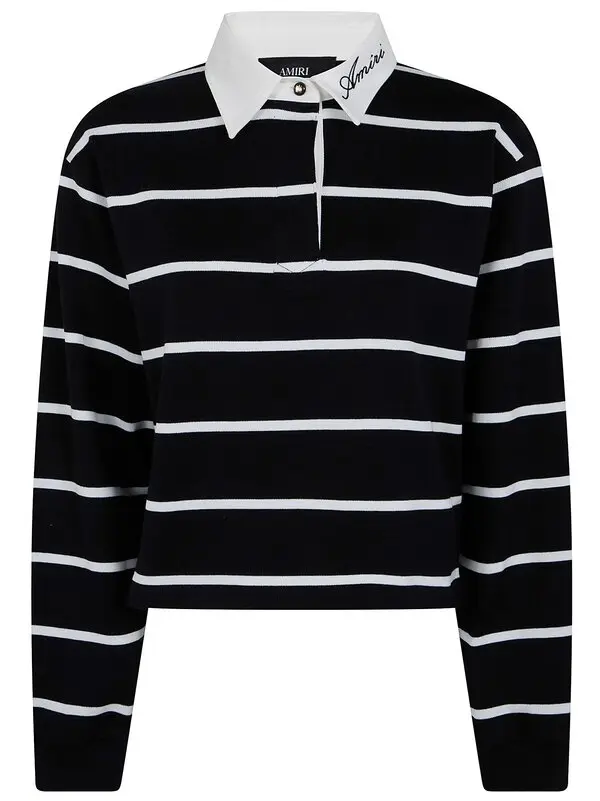 Amiri Script" Stripe Crop Long Sleeves Polo Shirt - Black