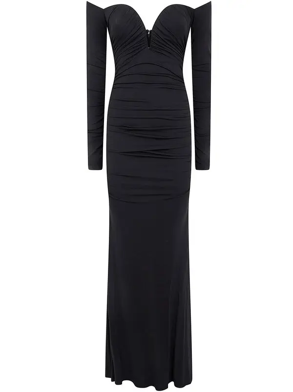 Elisabetta Franchi Long Ruched V-neck Dress - Black